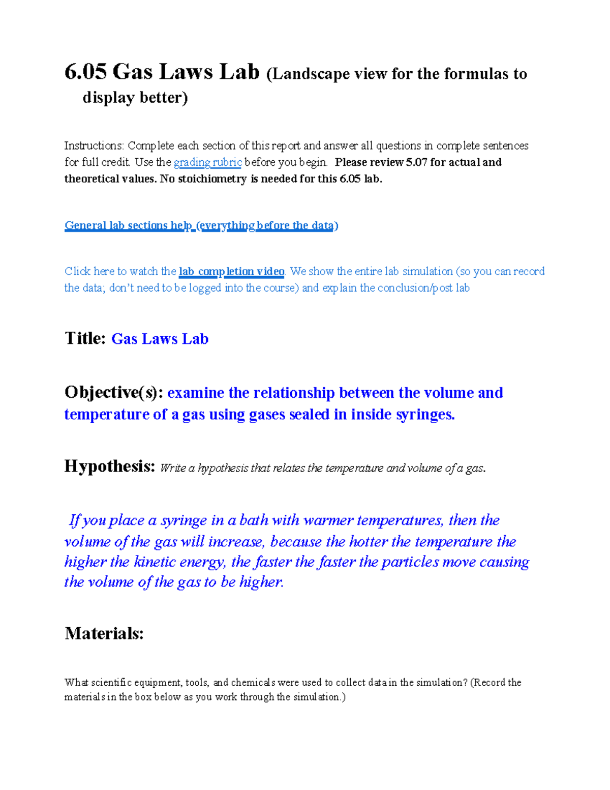 6.05 Gas Laws Lab-V22 - 6.05 gas lab. - 6 Gas Laws Lab (Landscape view ...