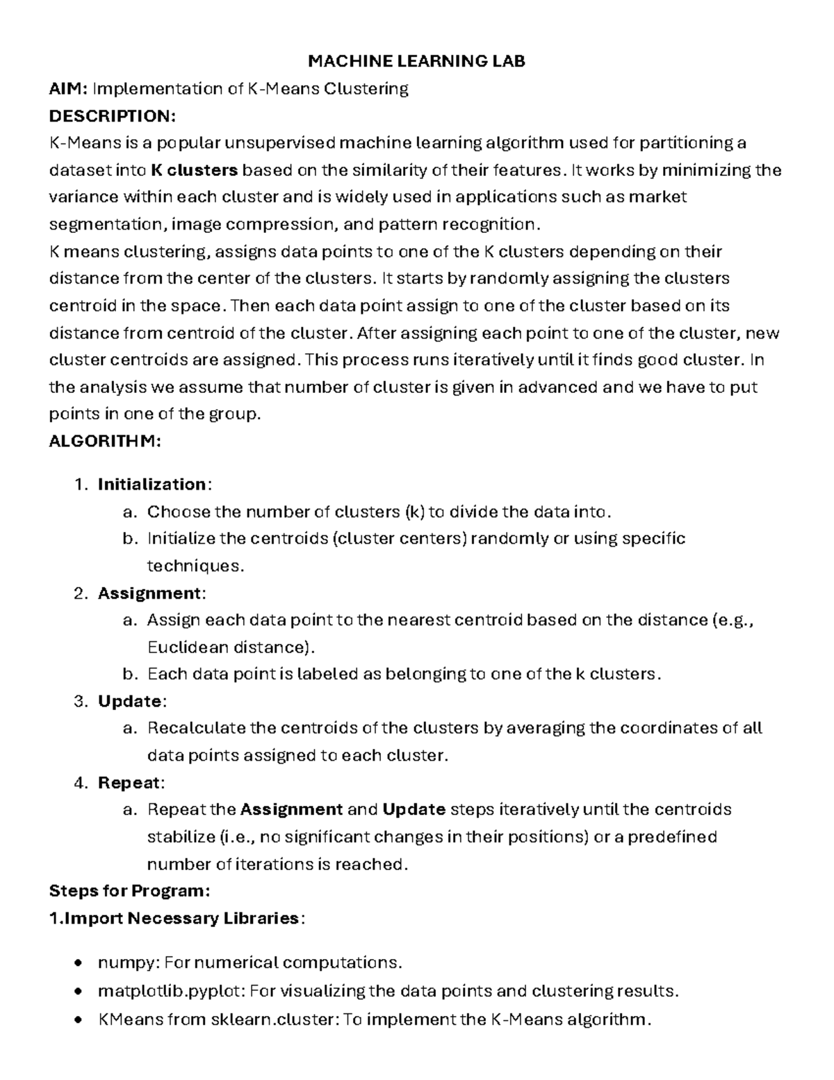 ML Lab-K-Means Clustering - MACHINE LEARNING LAB AIM: Implementation of ...