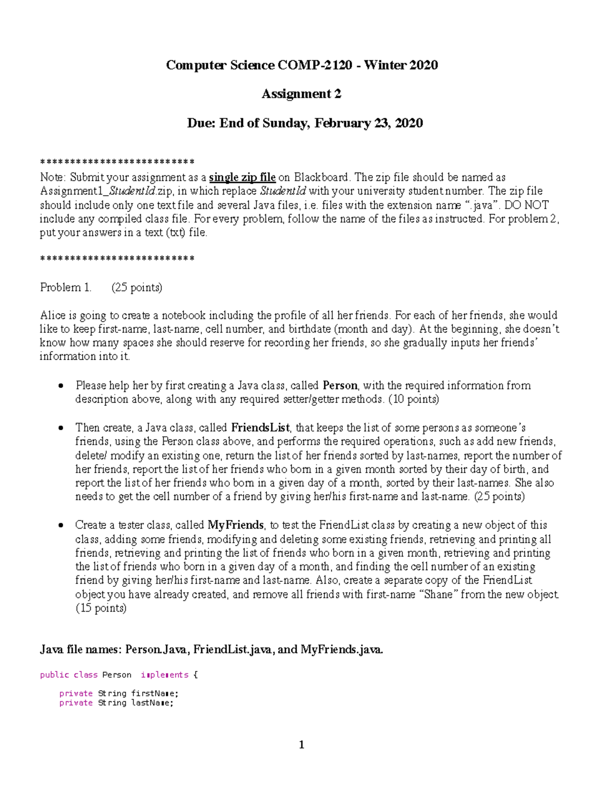 Assignment 2-Sample Solutions - Computer Science COMP-2120 - Winter ...