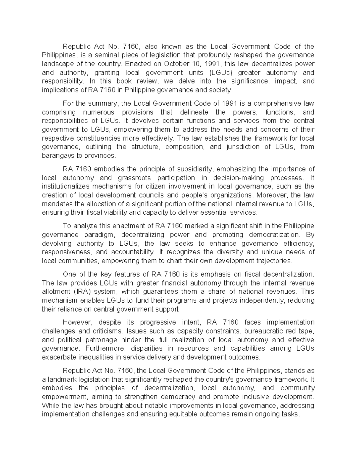 BOOK Review IN RA 7160 - sfdvbvxngng - Republic Act No. 7160, also ...