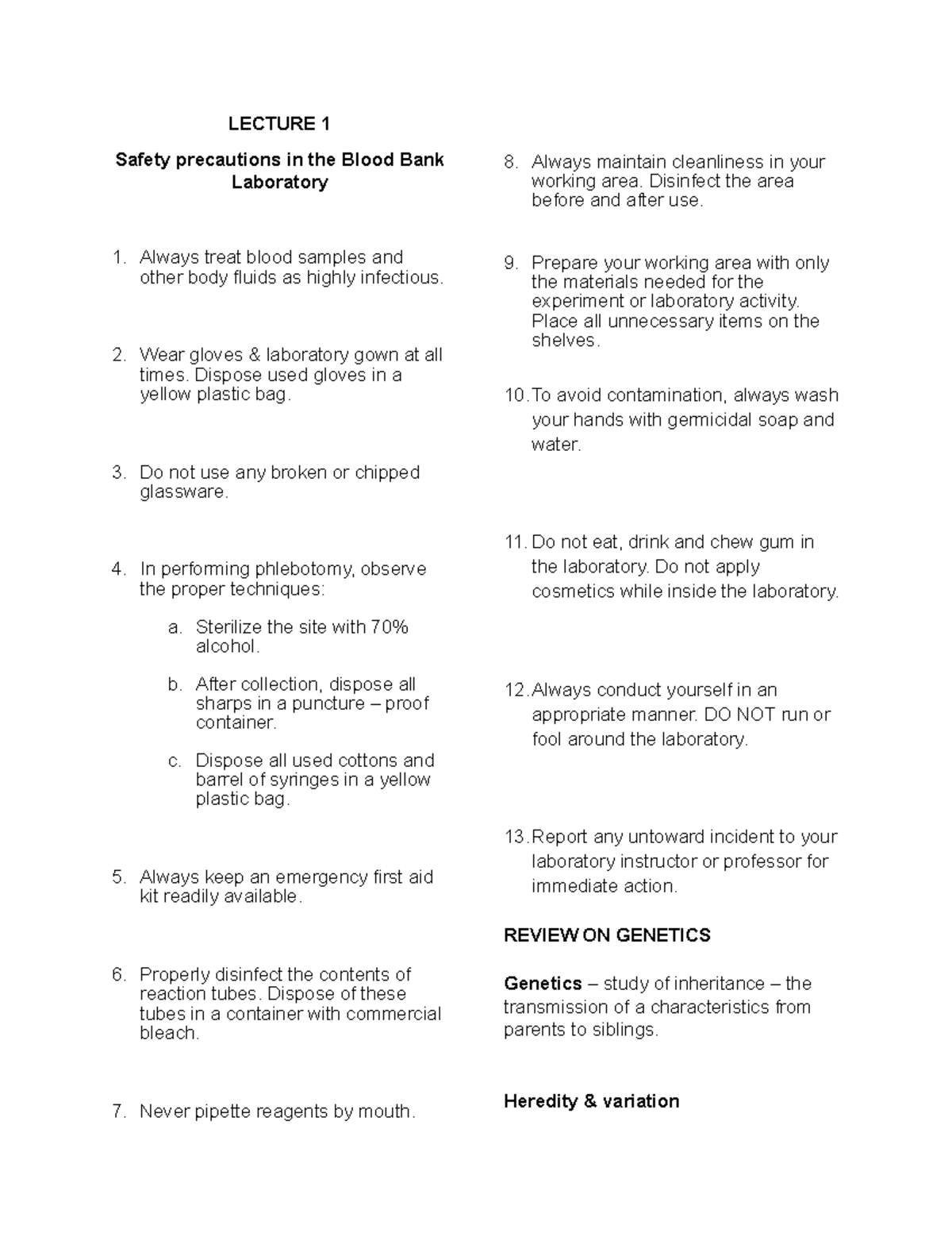 Lecture 1 - LECTURE 1 Safety precautions in the Blood Bank Laboratory ...