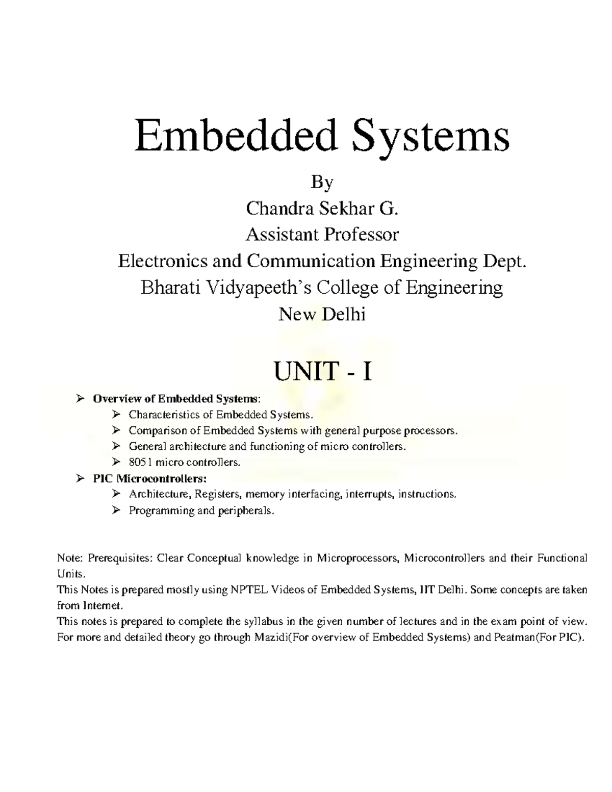 ES Unit1 - Embedded Systems By Chandra Sekhar G. Assistant Professor ...