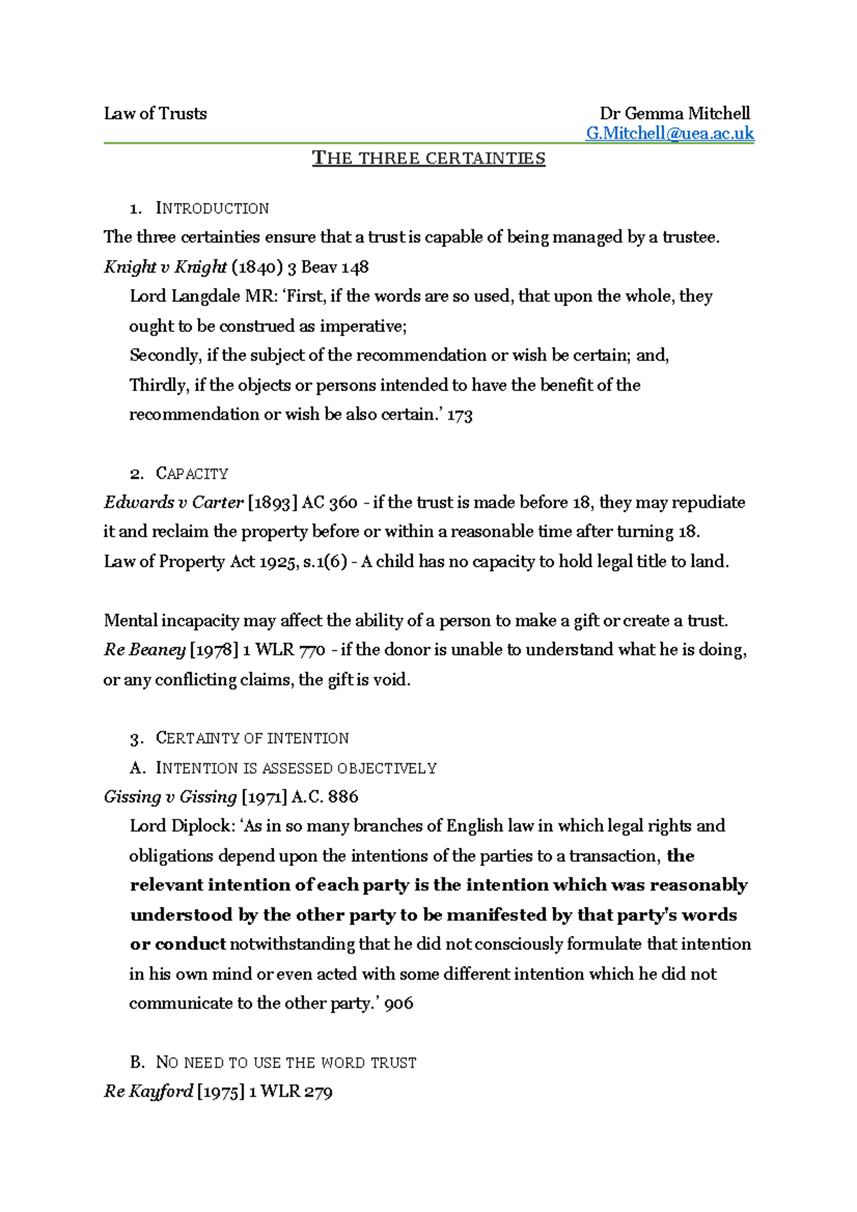 The three certainties - Lecture notes 7 - Law of Trusts Dr Gemma ...