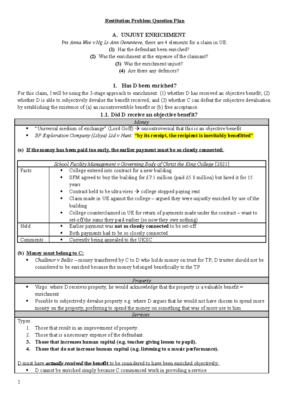 Restitution Problem Question Plan - UNJUST ENRICHMENT Per Anna Wee v Ng ...