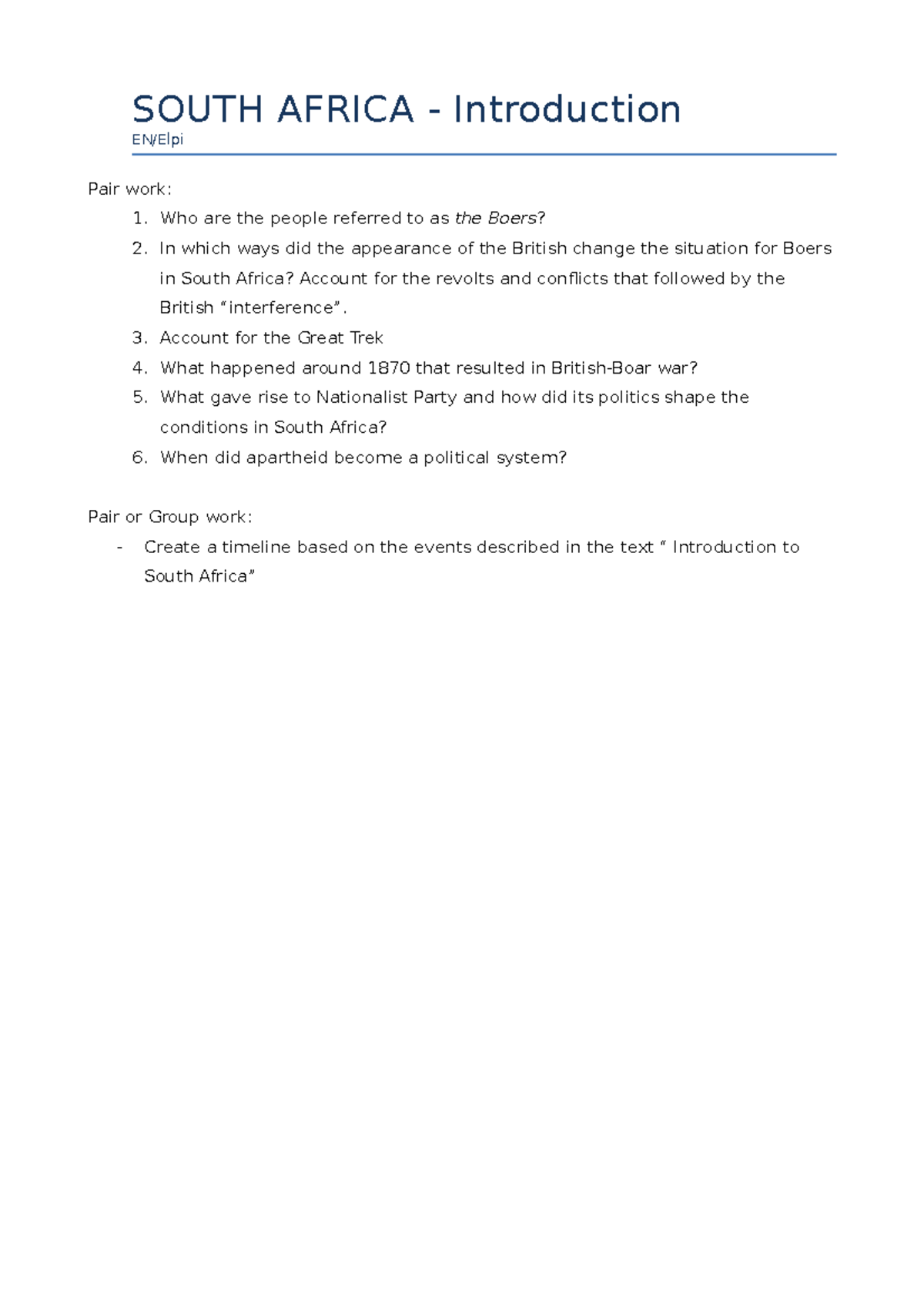 Introduction to SA - questions - SOUTH AFRICA - Introduction EN/Elpi ...