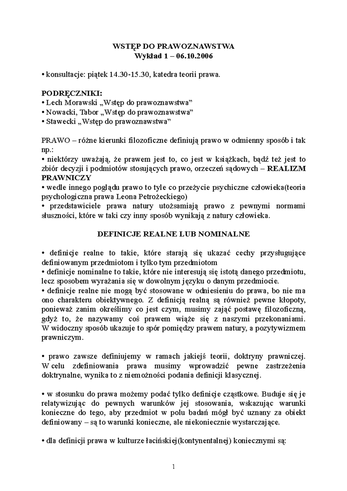 Wyk ad 1 - Wstęp do prawoznawstwa - WSTĘP DO PRAWOZNAWSTWA Wykład 1 – 06.10 • konsultacje ...