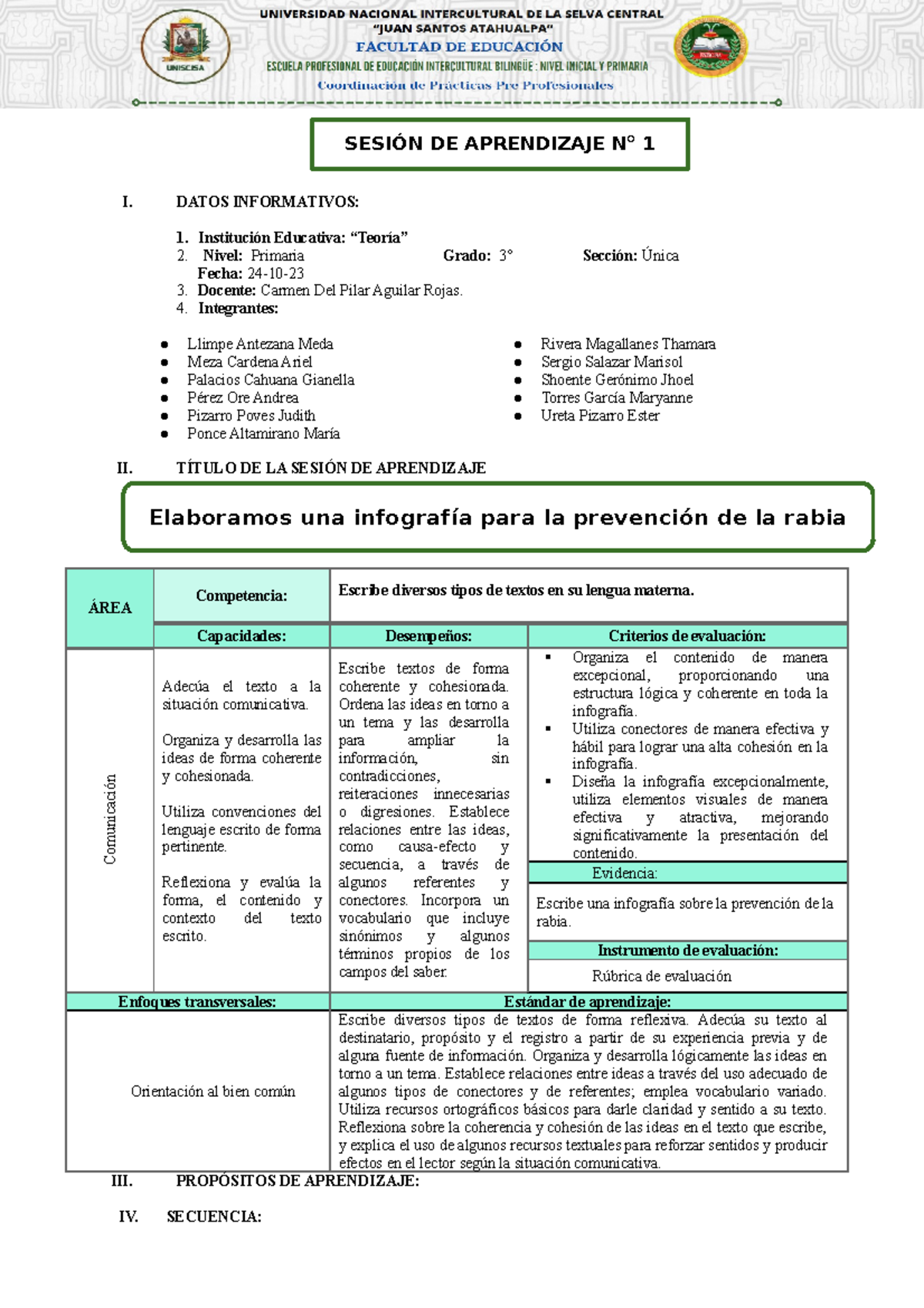 Sesión DE Aprendizaje N° 1 - Elaboramos una infografía de prevención contra la rabia - I. DATOS ...