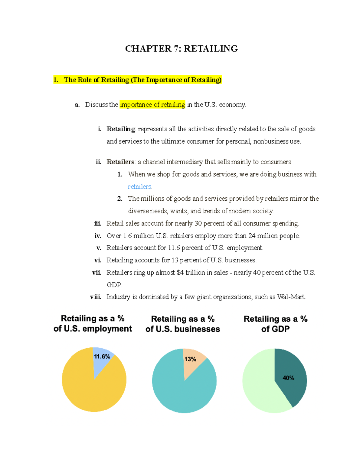 USMK10 Chapter 7 Retailing Notes - CHAPTER 7: RETAILING 1. The Role of ...