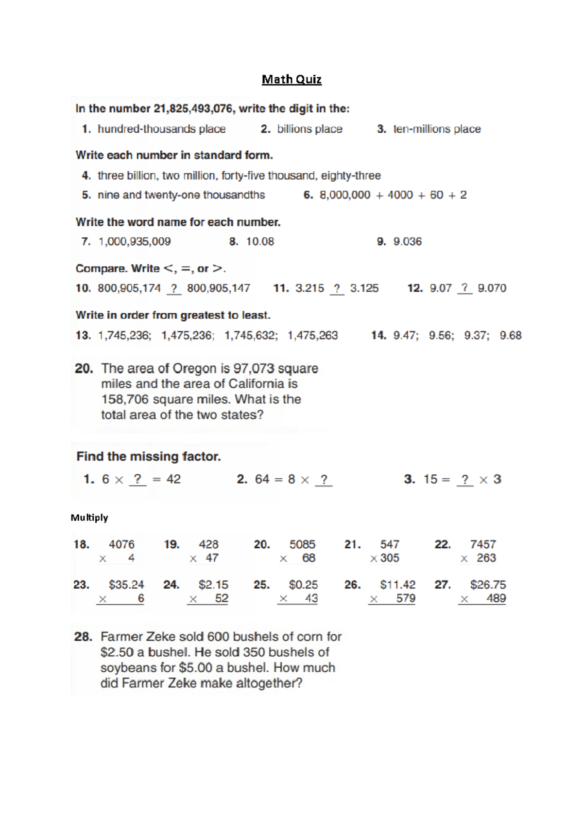 Math ch1 test - Maths Test - Math Quiz In the number 21,825,493,076 ...