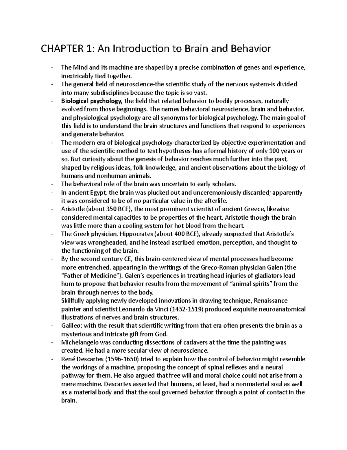 CH1 Neuro - Lecture notes 1 - CHAPTER 1: An Introduction to Brain and ...