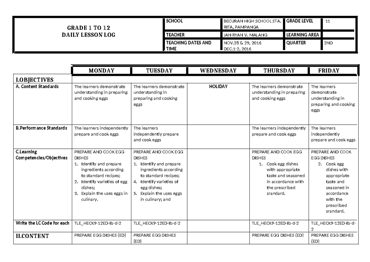 Cookery DLL-WEEK-4 - N/A - GRADE 1 TO 12 DAILY LESSON LOG SCHOOL ...