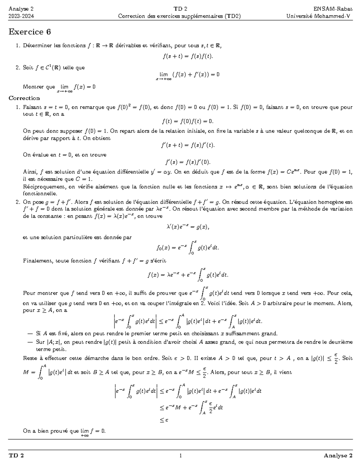 Td 2 equa ensam corr - Analyse 2 2023- TD 2 Correction des exercices supplémentaires (TD2) - Studocu