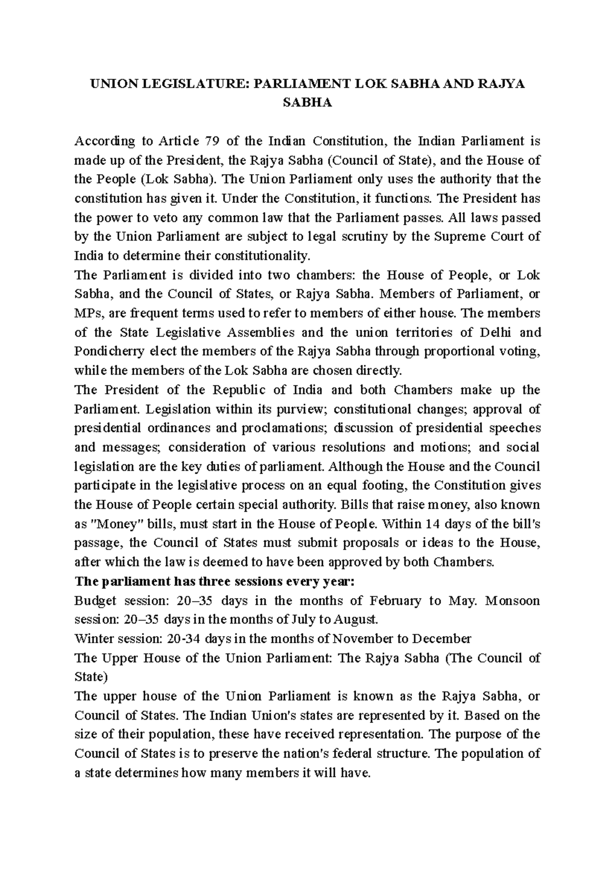 Union Legislature; Parliament LOK Sabha AND Rajya Sabha - UNION ...