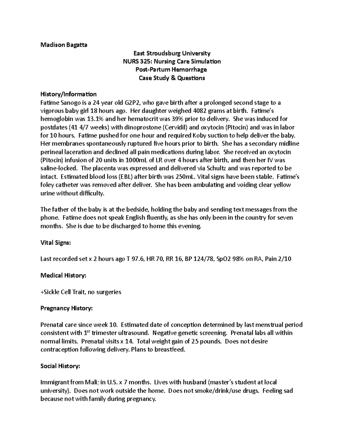 Post Partum Hemorrhage Case Study - Madison Bagatta East Stroudsburg ...