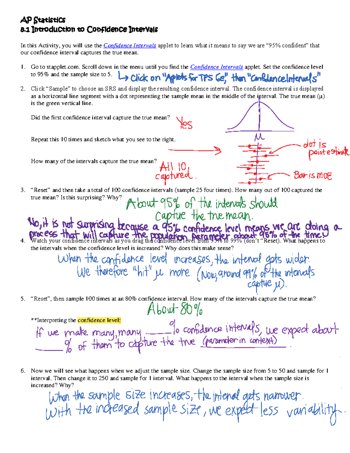 Day 2 Confidence Levels - written - AP Statistics 8 Introduction to ...
