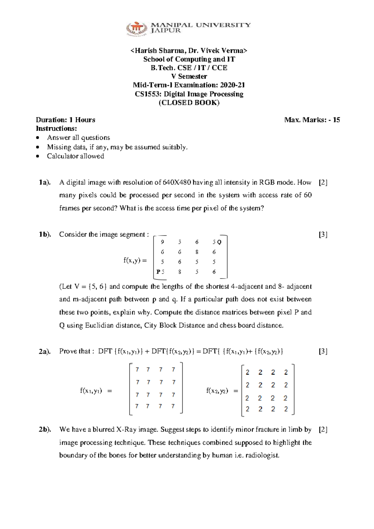 DIP MTE-1 QP 2020 - Mid Term Examination question paper - - Studocu