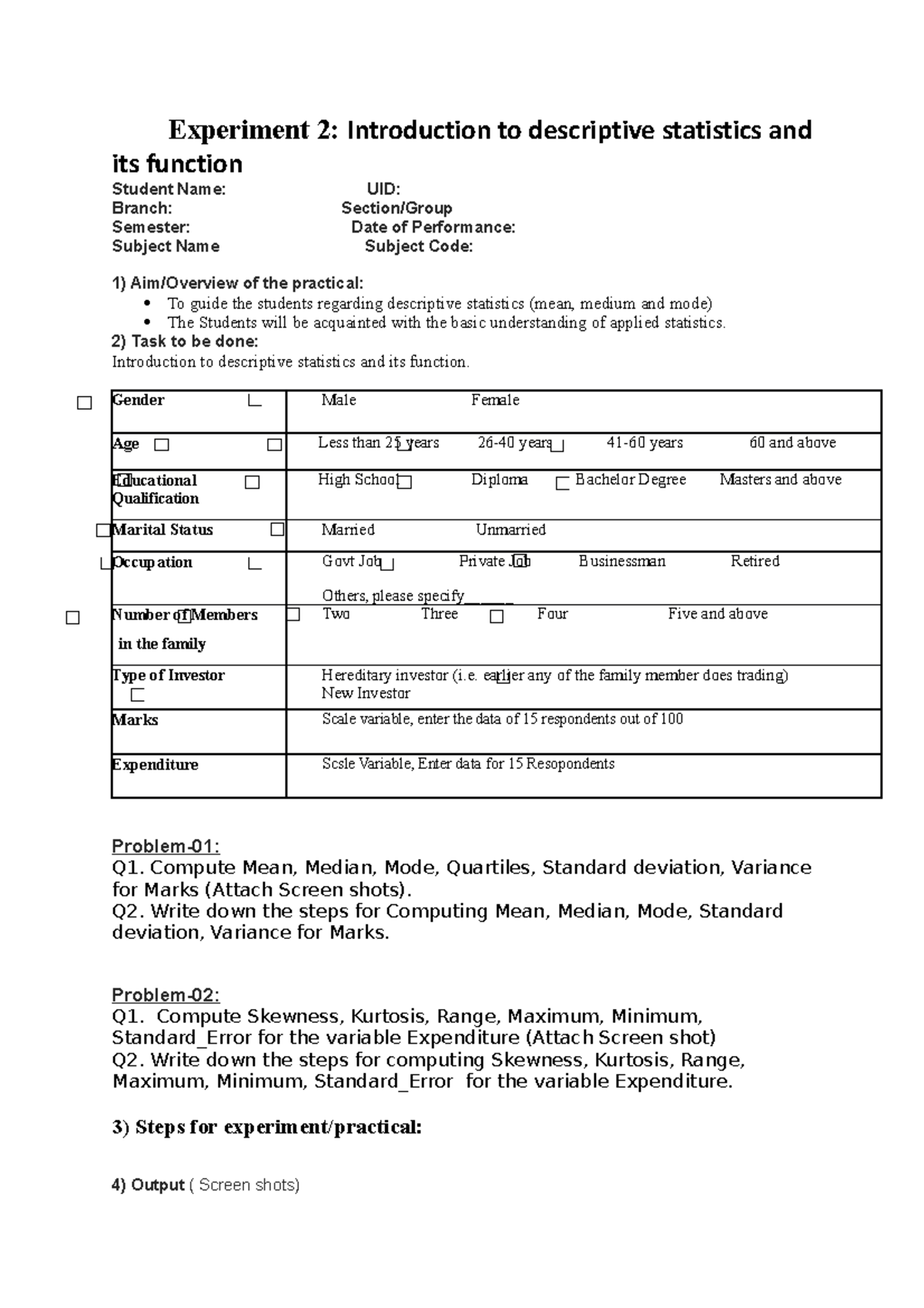 Worksheet-2 - practical 2 - Experiment 2: Introduction to descriptive ...