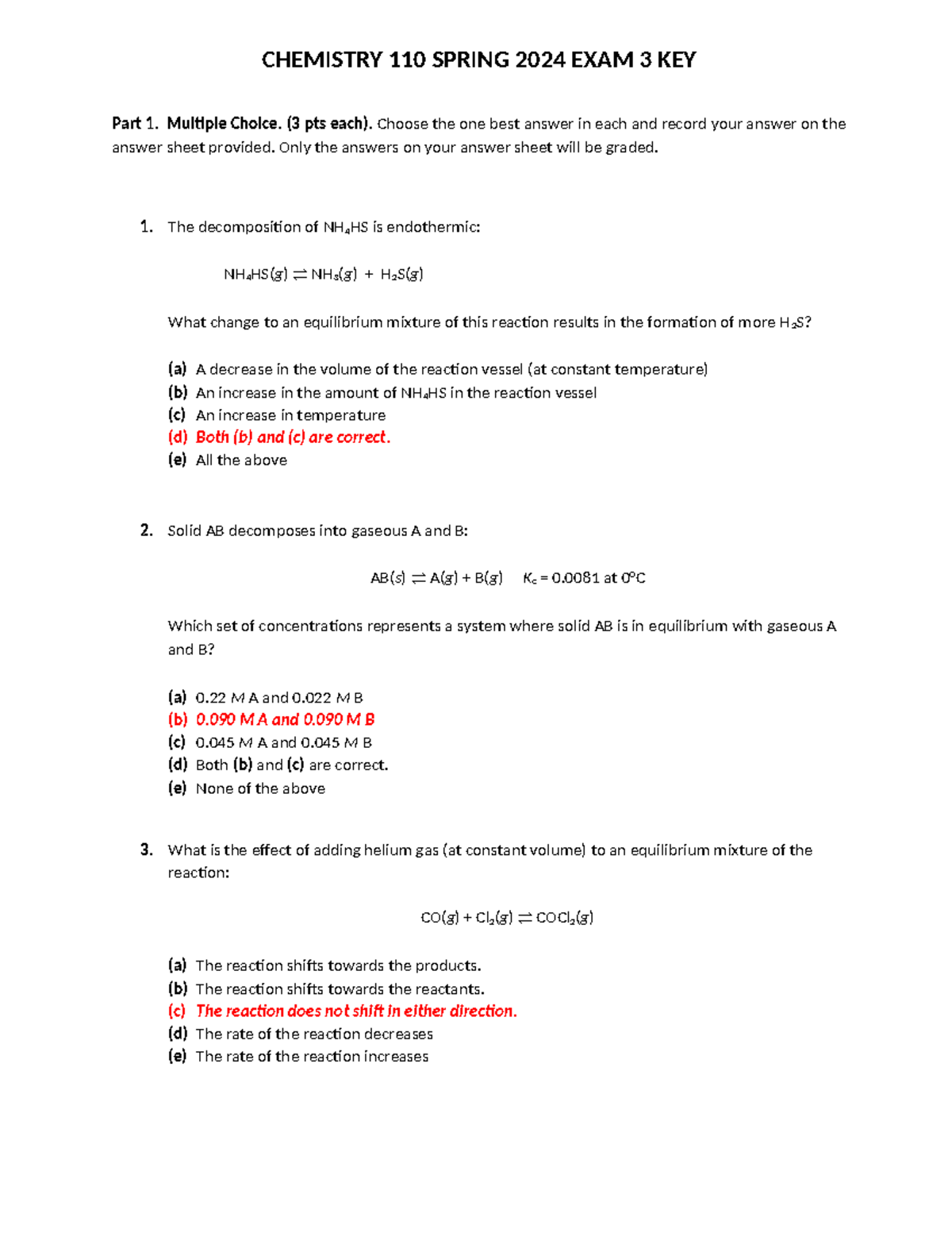 CHEM 110 SP 2024 Exam 3 GOLD KEY - Part 1. Multiple Choice. (3 pts each). Choose the one best ...