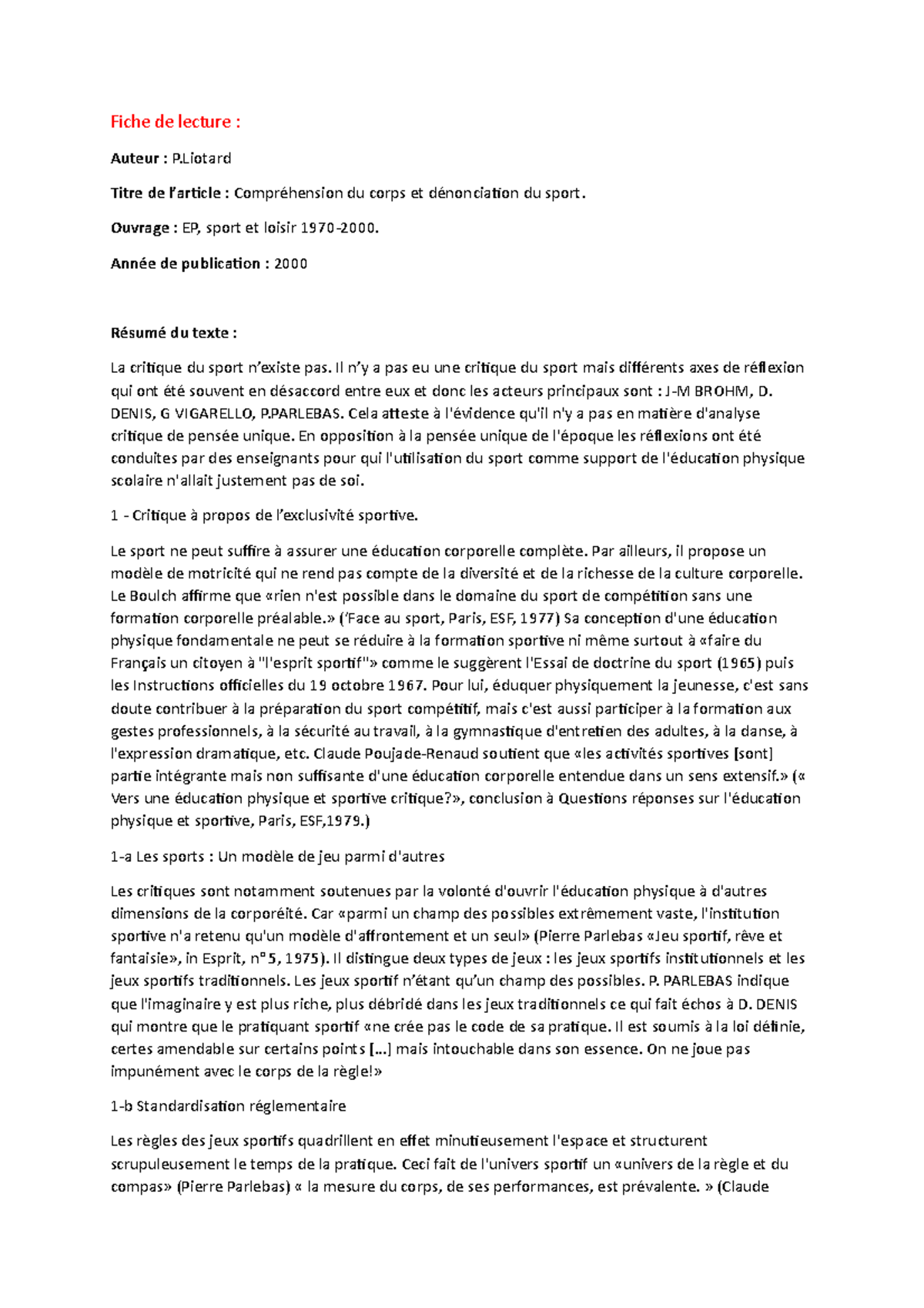 Compréhension du corps et dénonciation du sport - Fiche de lecture ...