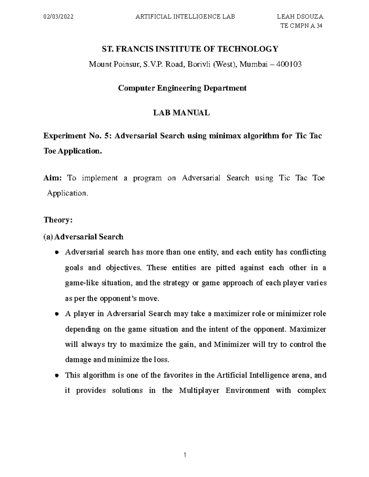 34 Leah Dsouza AI Exp5 - ARTIFICIAL INTELLIGENCE LAB LEAH DSOUZA TE CMPN A 34 ST. FRANCIS ...