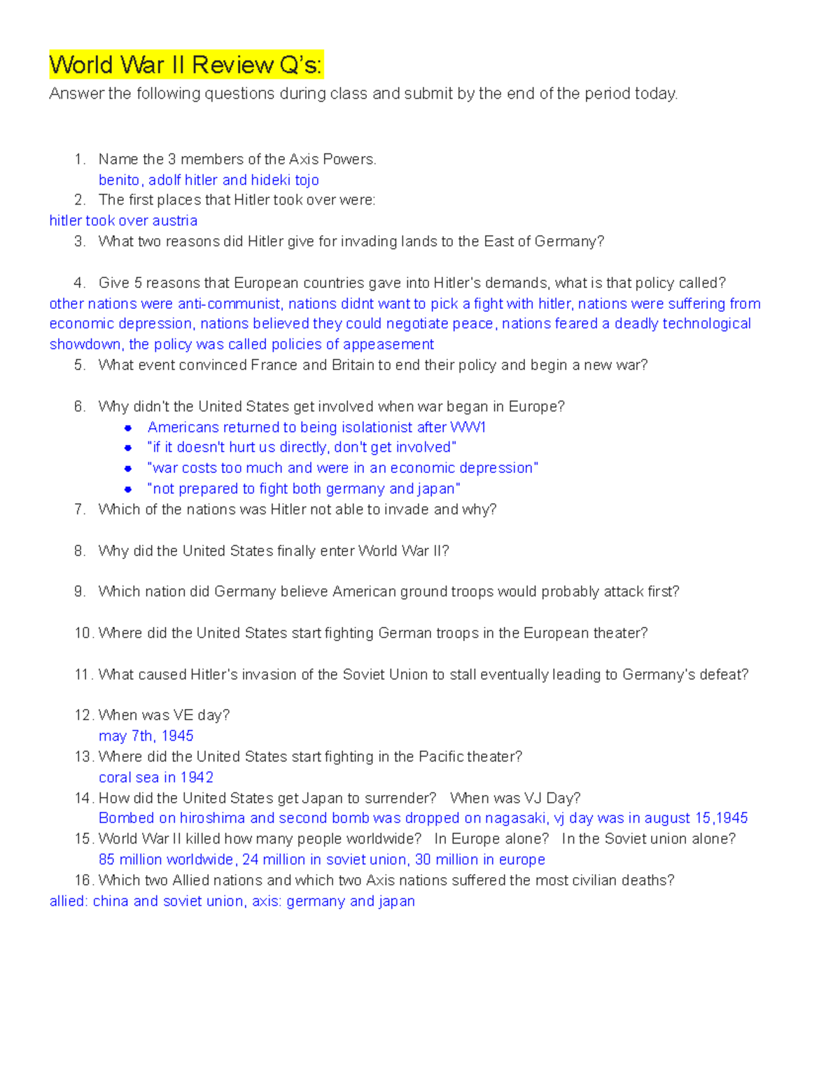 Breanna Murillo - World War II Review Q's - World War II Review Q’s ...