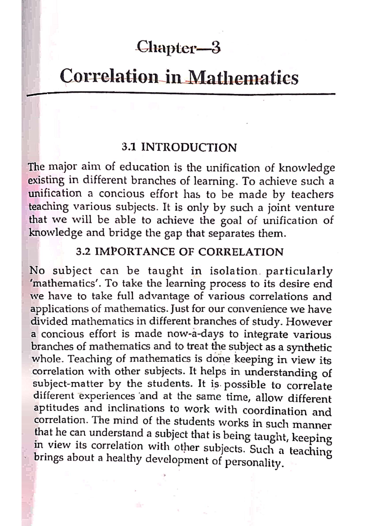 Correlation in Mathematics - To achieve such a unification a concious effort has to be made ...