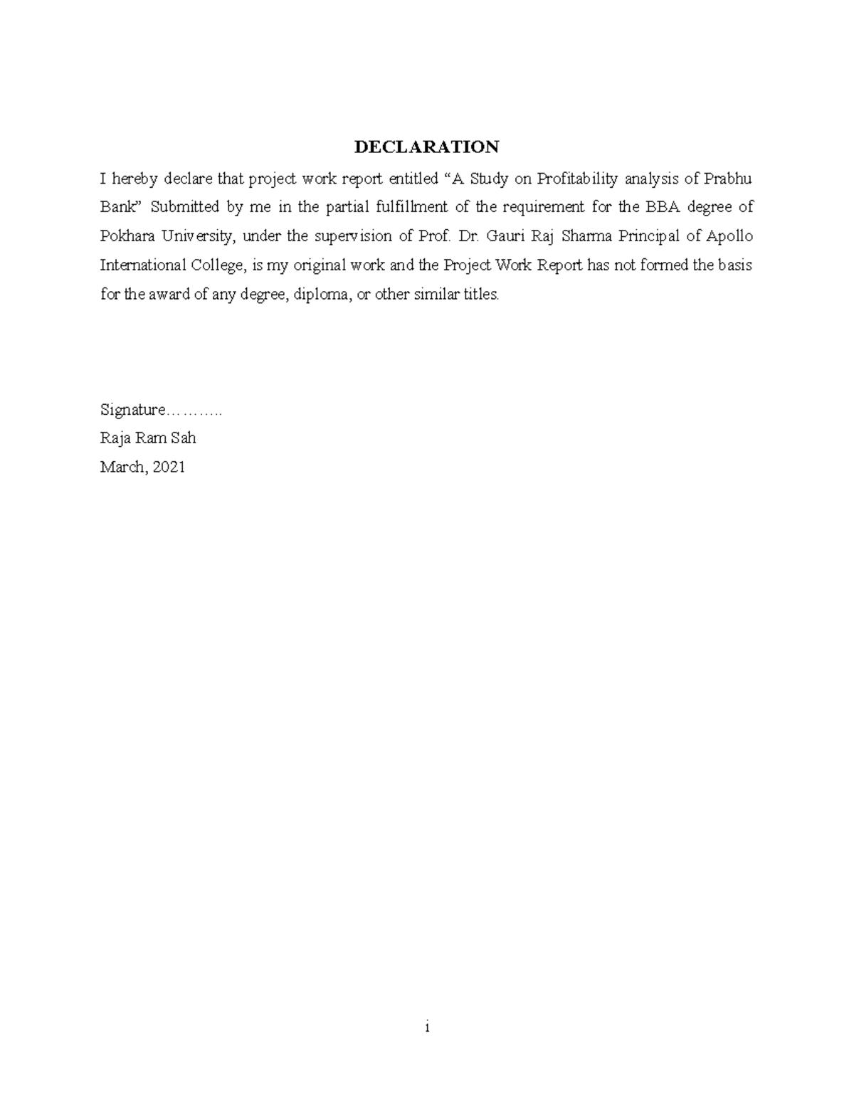 A Study ON Profitability Analysis - DECLARATION I hereby declare that ...