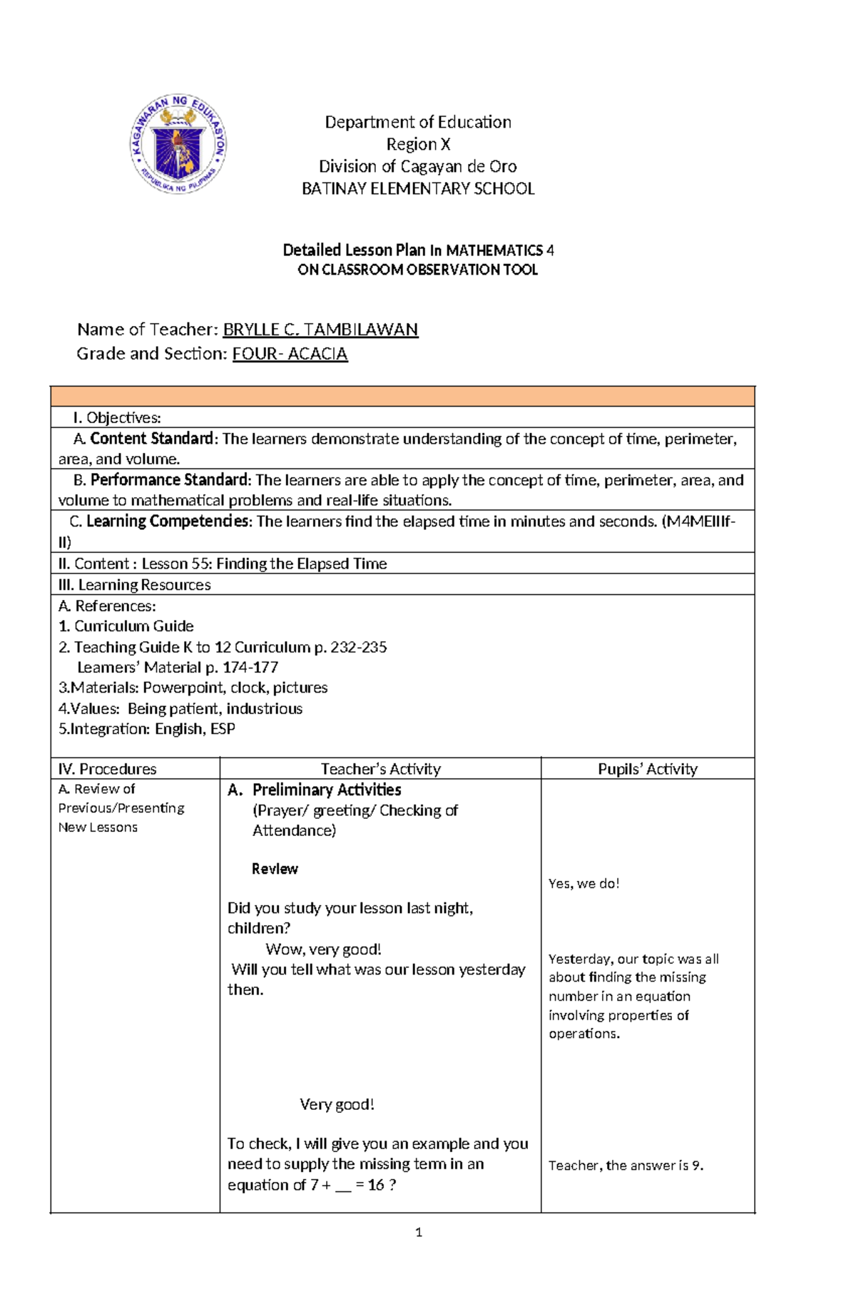 COT DLP MATH 4 - Classroom Observation Lesson Plan in Math 4 - Department of Education Region X ...