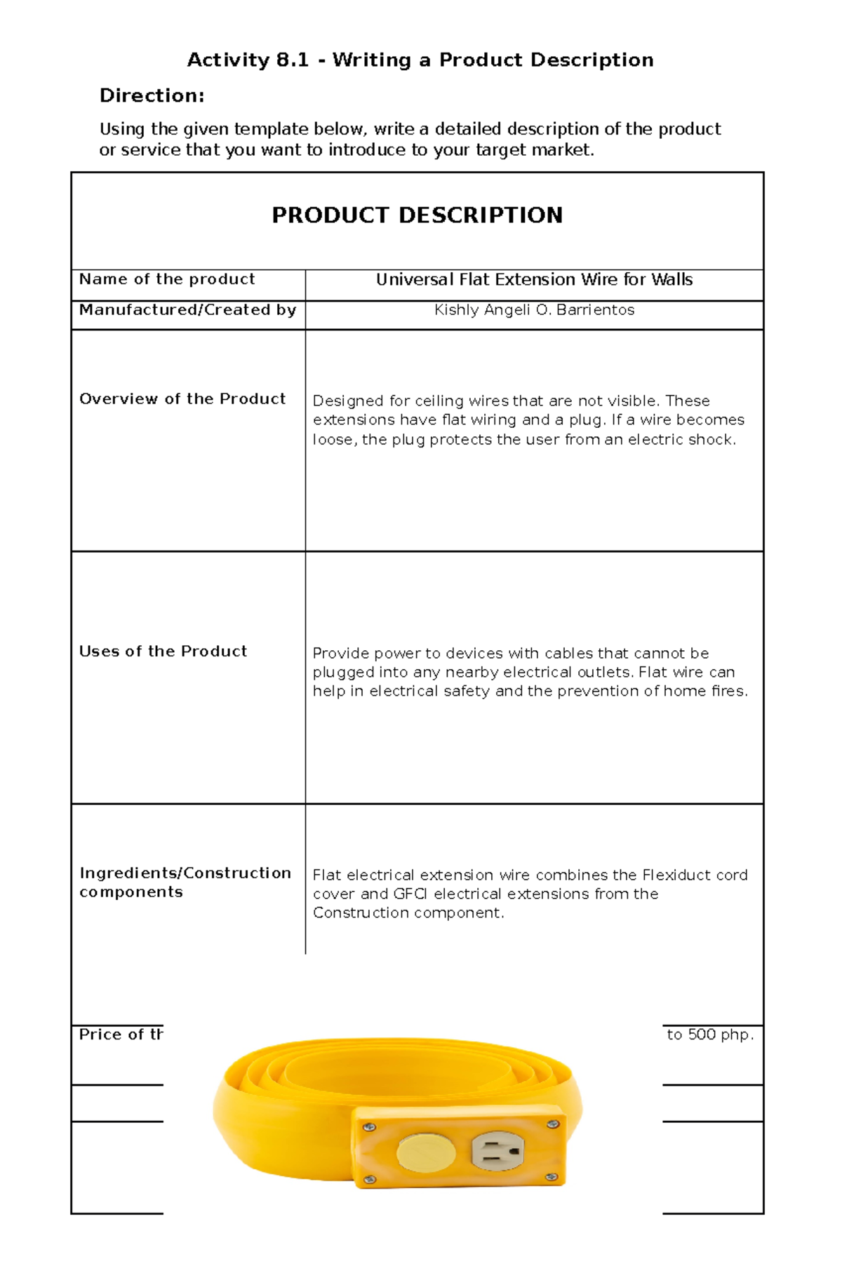 Entrep ACT 8 - Activity 8 - Writing a Product Description Direction ...