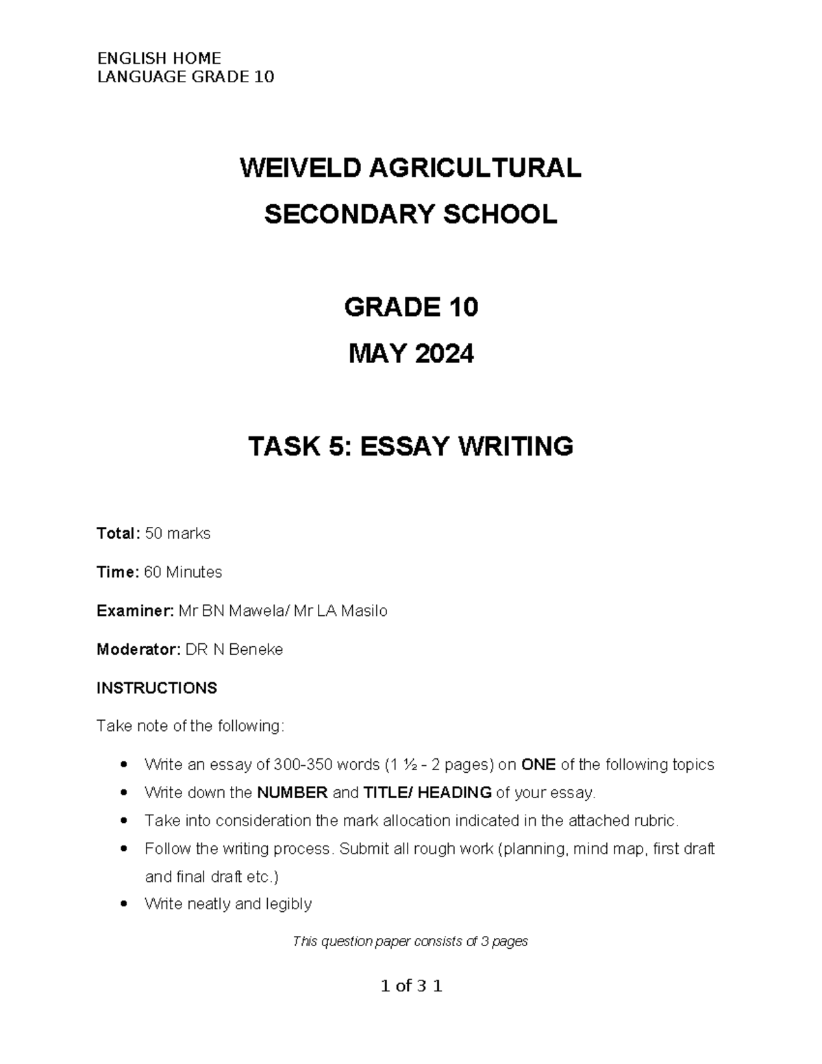 English HL GR10 TASK 5 - ENGLISH HOME LANGUAGE GRADE 10 WEIVELD ...