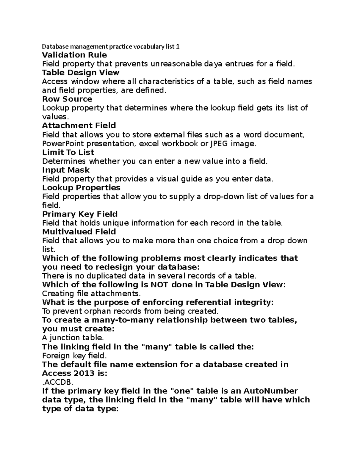 Database management practice vocabulary list 1 - Table Design View ...