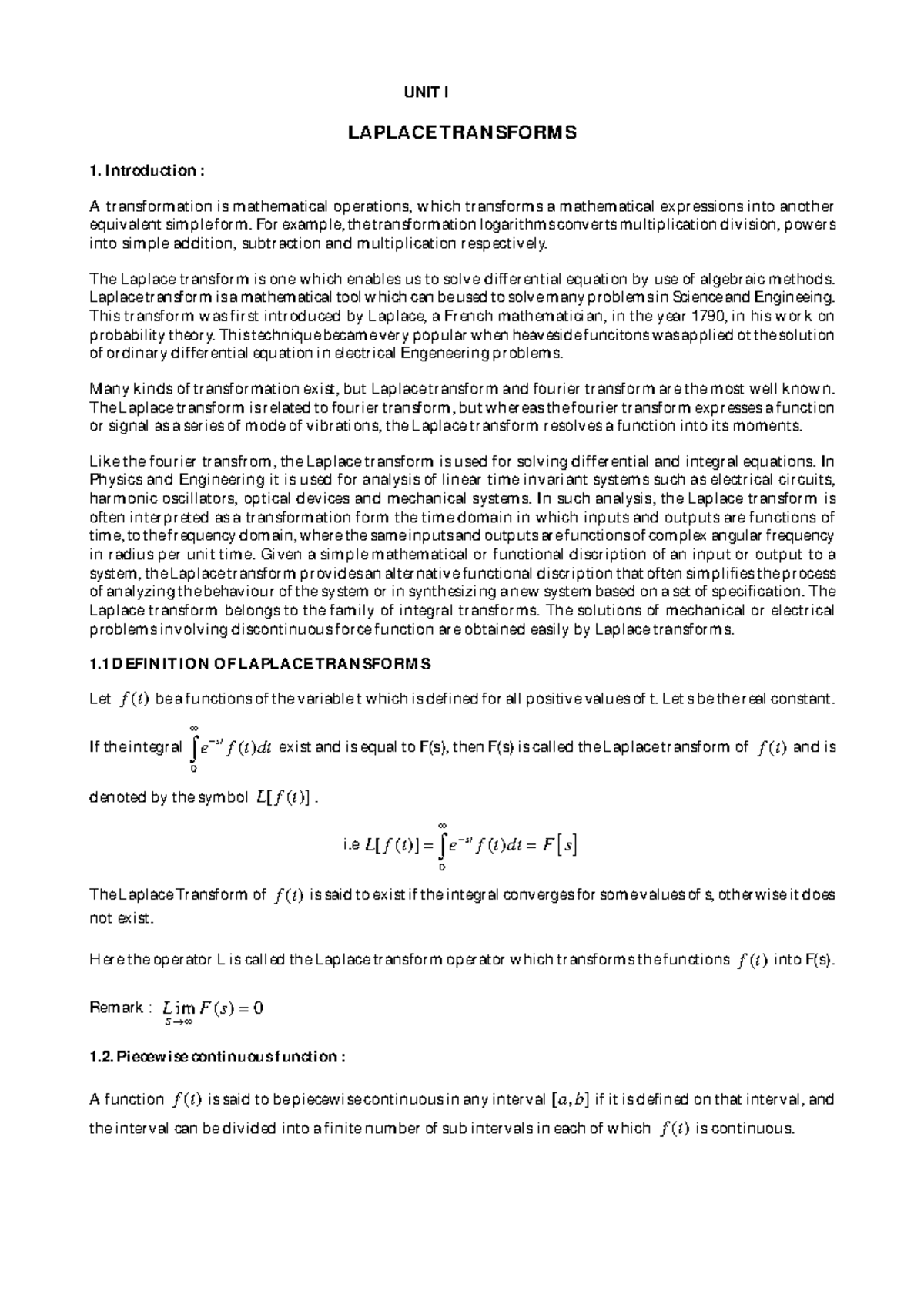 UNIT II - Laplace transforms - material - Sathyabama University CHAPTER - IV LAPLACE TRANSFORMS ...
