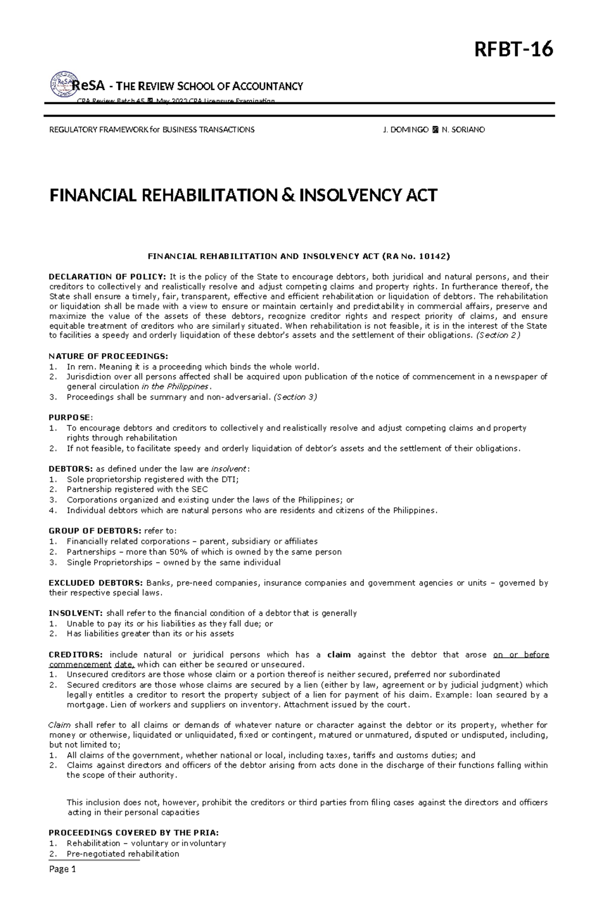 Copy of RFBT-16 - exam - RFBT- ReSA - THE REVIEW SCHOOL OF ACCOUNTANCY ...