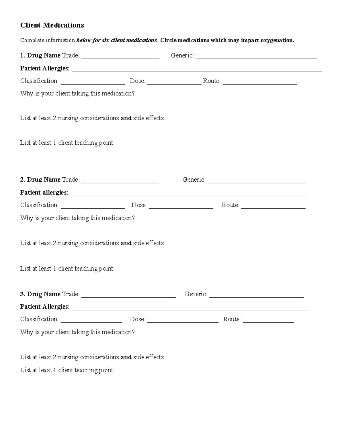 Blank Drug card sheets - …….. - Client Medications Complete information ...