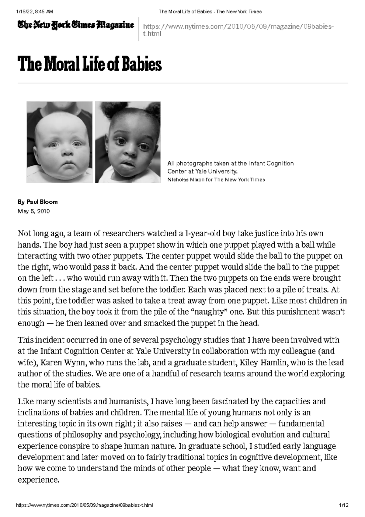The Moral Life of Babies - The New York Times - By Paul Bloom May 5 ...