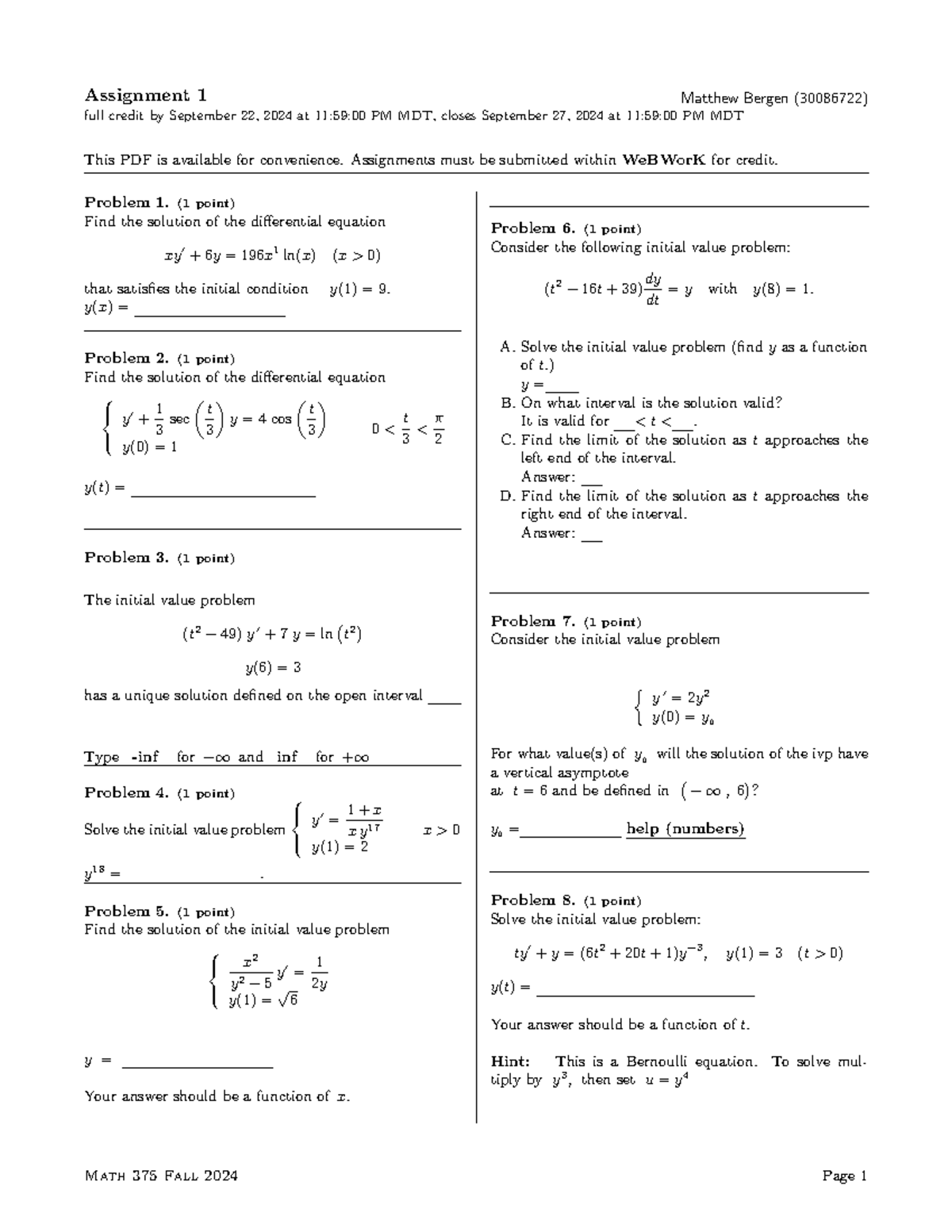 Assignment 1 - Assignments must be submitted within WeBWorK for credit. Problem 1. (1 point ...