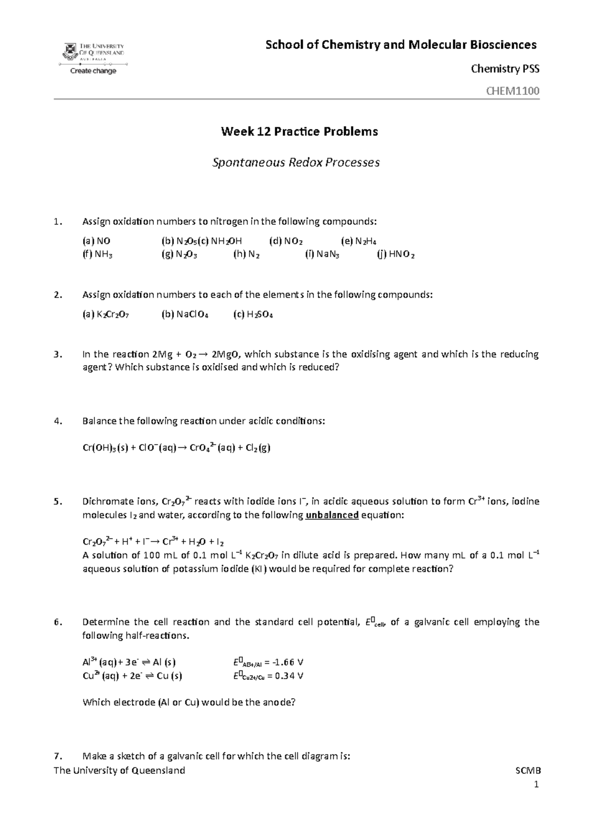 CHEM1 100 Week 12 PSS Worksheet - School of Chemistry and Molecular ...