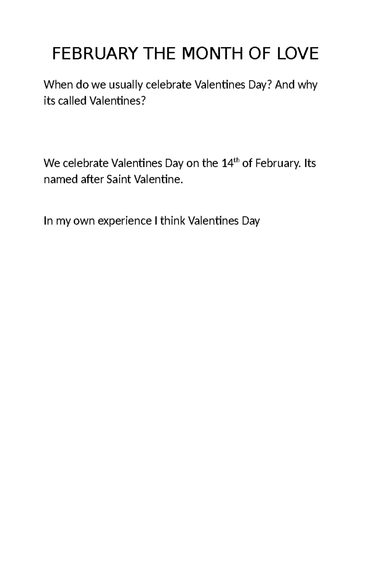 February THE Month OF LOVE - Persons and Family Relations - FEBRUARY ...