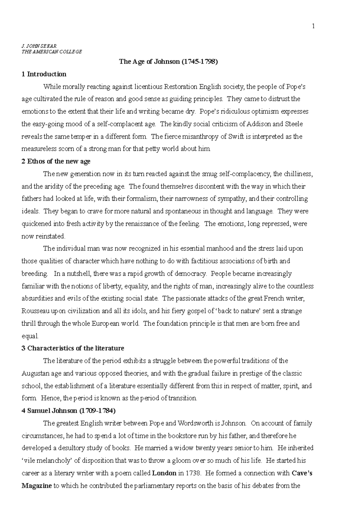 Age of Johnson - Essay - J. JOHN SEKAR THE AMERICAN COLLEGE The Age of ...