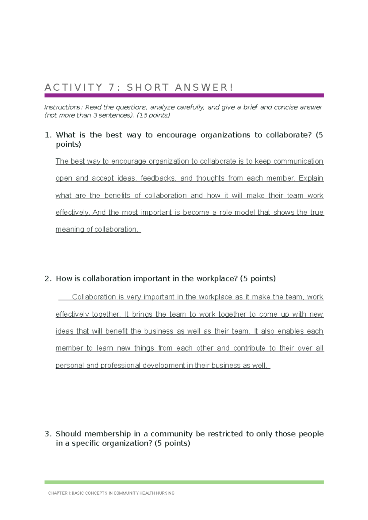 Community Health Nursing 2 Activity 7 (Finals) - ACTI VITY 7: SHORT ANSWER! Instructions: Read ...