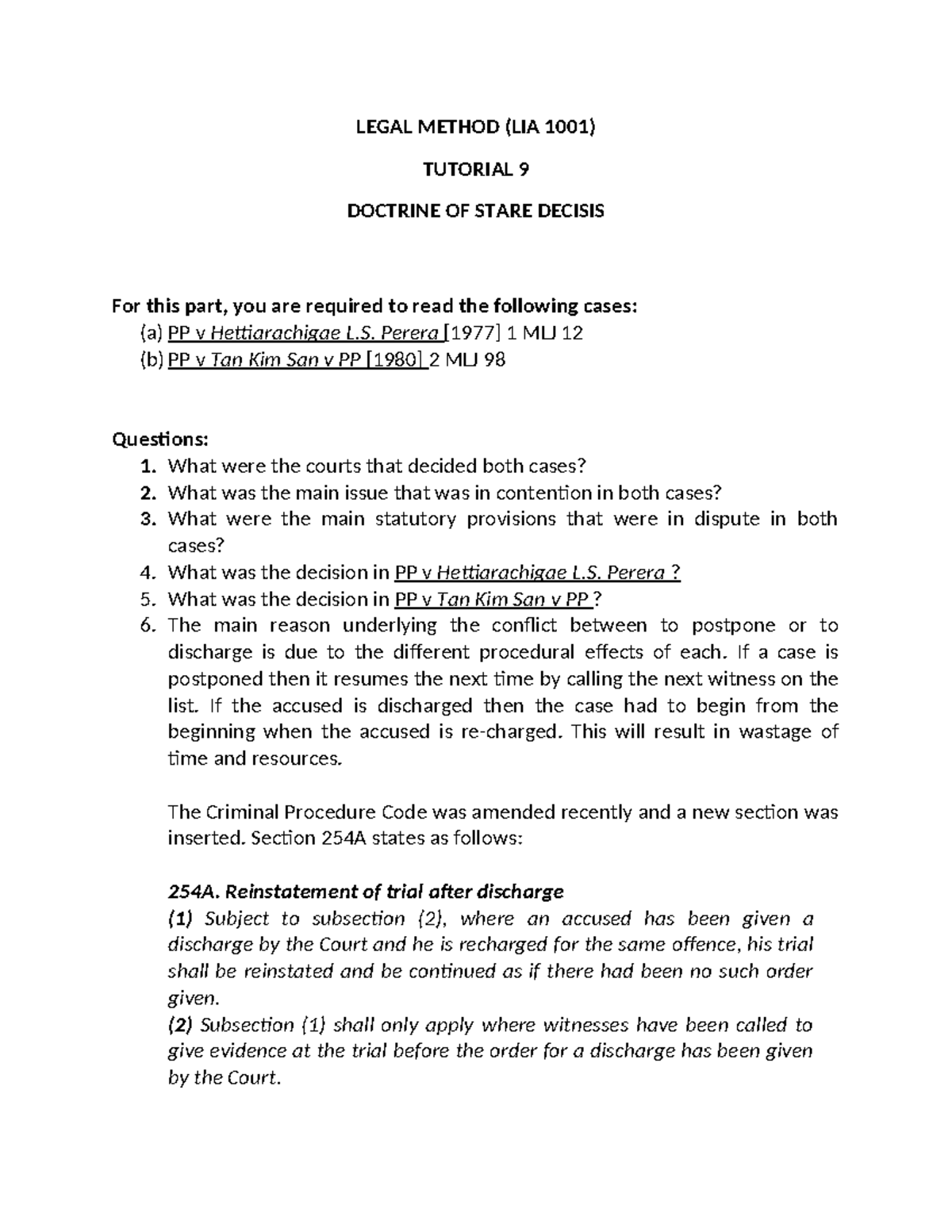 Tutorial 9 stare decisis (ud) - LEGAL METHOD (LIA 1001) TUTORIAL 9 DOCTRINE OF STARE DECISIS For ...