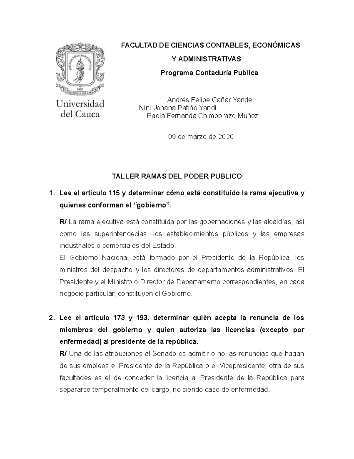 Taller Ramas DEL Poder Publico Definitivo - FACULTAD DE CIENCIAS ...