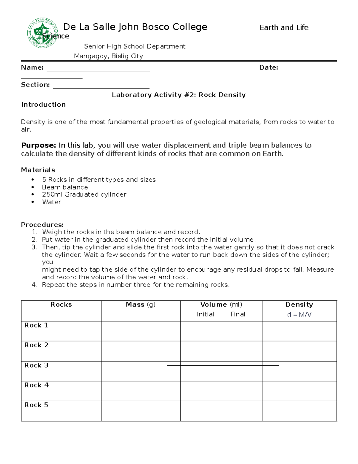 Rock Density Worksheet - De La Salle John Bosco College Earth and Life ...