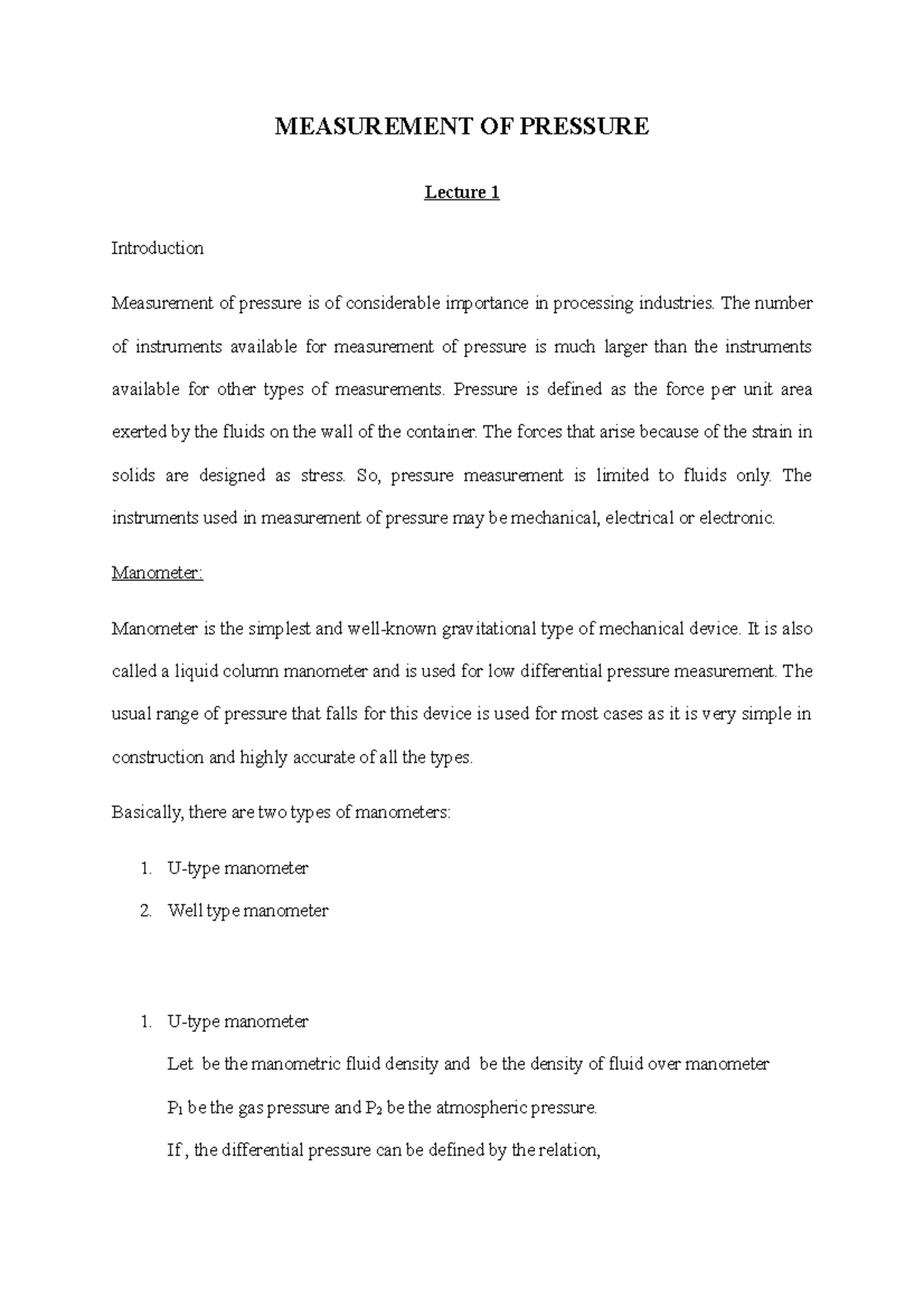 Physics- Measurement OF Pressure - MEASUREMENT OF PRESSURE Lecture 1 Introduction Measurement of ...