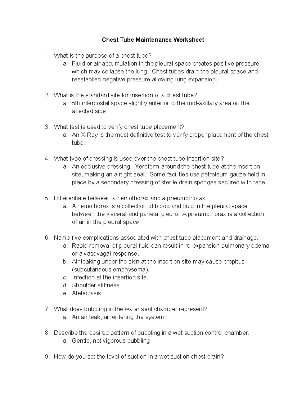 Copy of Chest Tube Maintenance Worksheet Answer Key - Chest Tube ...
