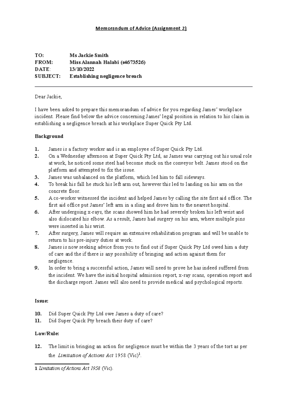 Memorandum of advice - Please find below the advice concerning James ...