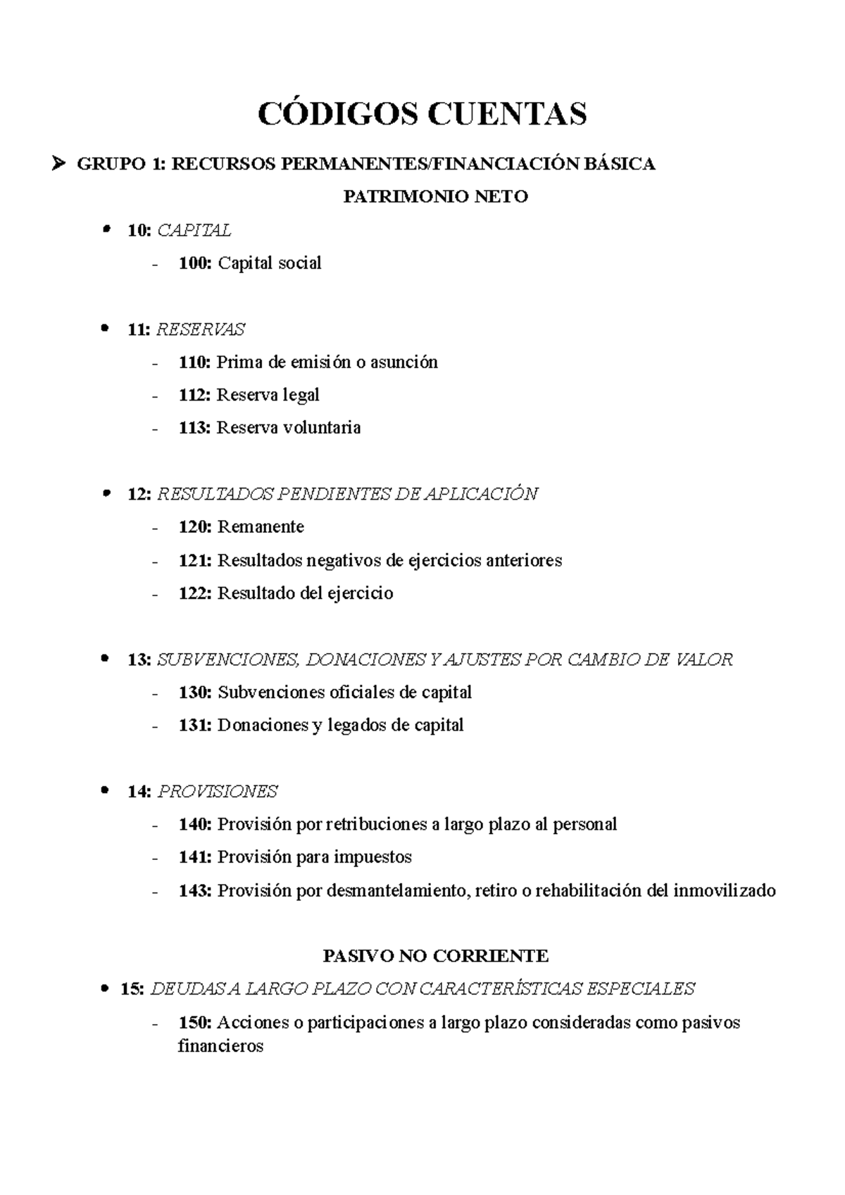 Códigos Cuentas contabilidad - CÓDIGOS CUENTAS GRUPO 1: RECURSOS ...