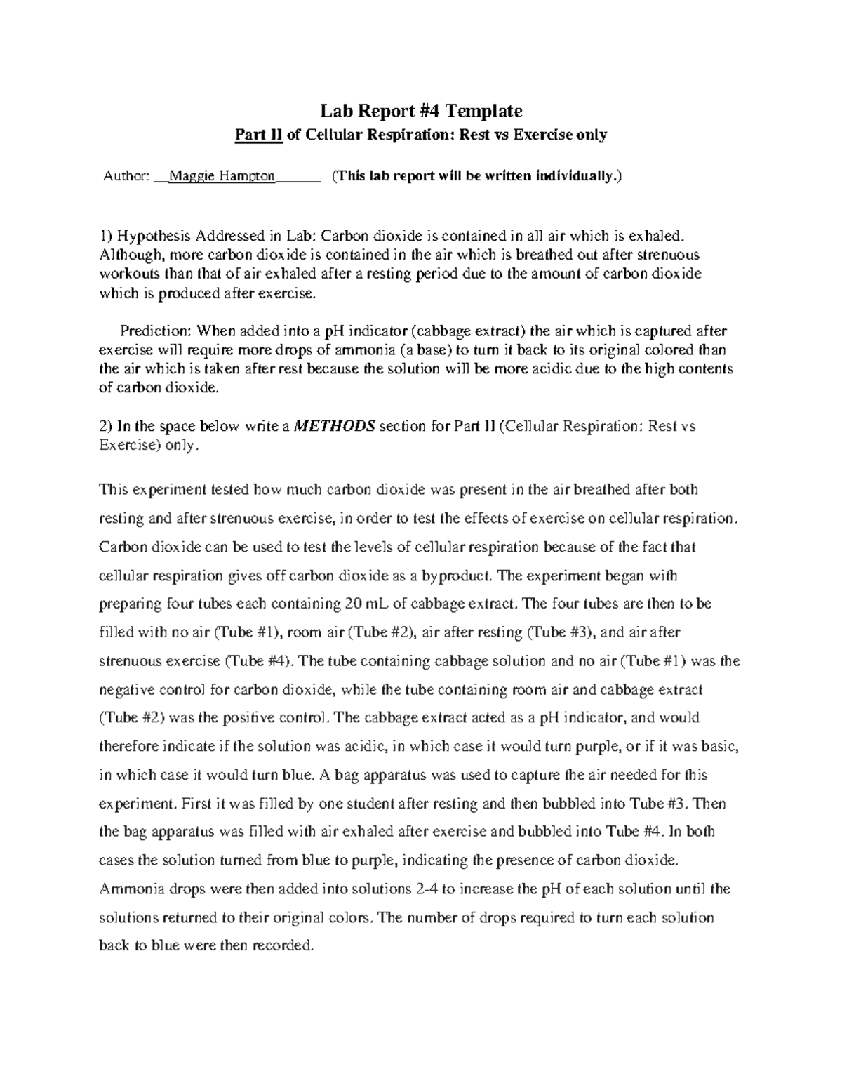 Lap Report #4 - Lab Report #4 Template Part II of Cellular Respiration ...