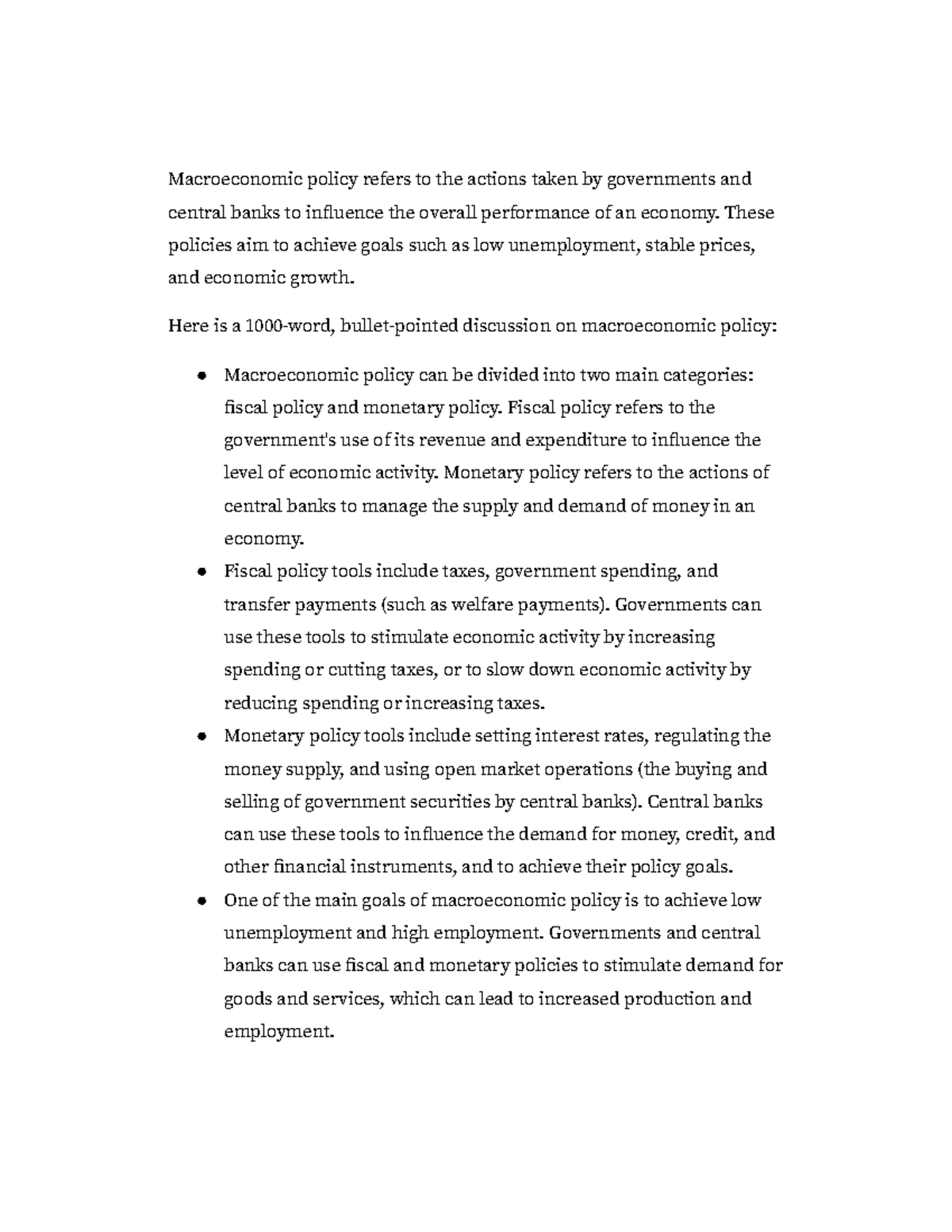 Macroeconomic Policy Notes - Macroeconomic policy refers to the actions ...