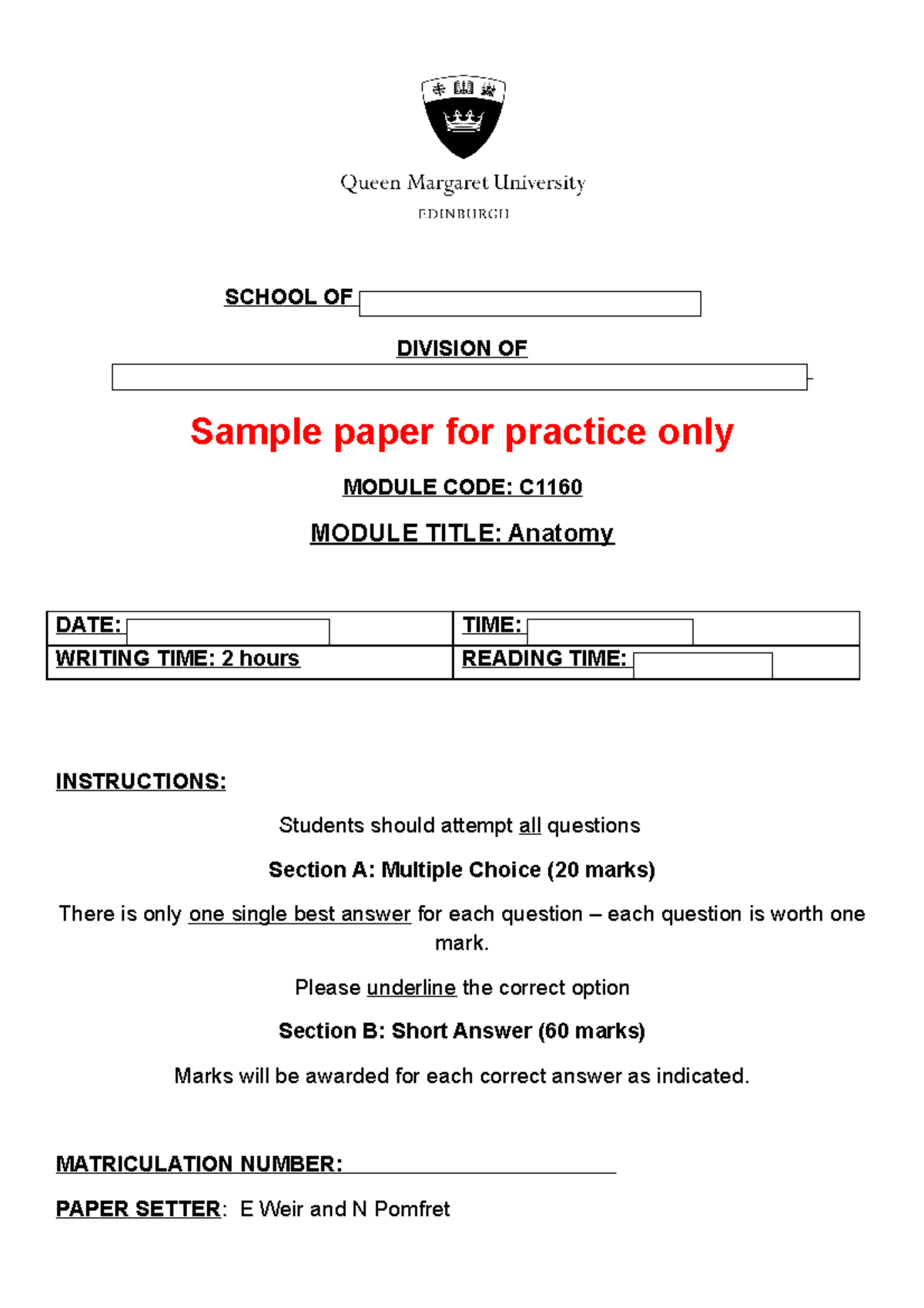 Sample Exam Paper Anatomy - SCHOOL OF DIVISION OF Sample paper for ...